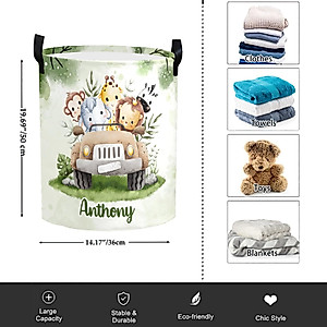 Jungle Animal Car Leaves Green Personalized Laundry Basket Hamper,Collapsible Storage Baskets with Handles for Kids Room,Clothes, Nursery Decor