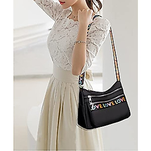 ZEHO Print Multi Pocket Nylon Crossbody Bag for Women Messenger Bags Lightweight Travel Shoulder Bag Waterproof, Love Letter Print