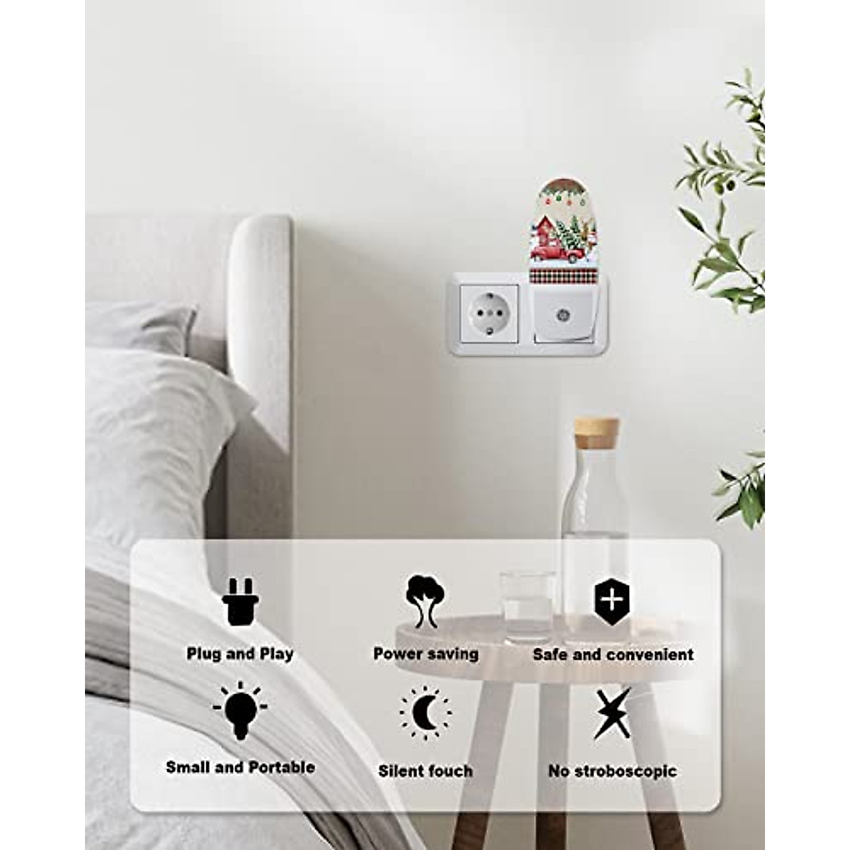 Christmas Tree Truck Night Light, LED Plug in Night Light, Red Green Plaid Xmas Snowflake Elk Wood Night Lights with Dusk to Dawn Sensor Decorative Kids/Adults Nightlight for Bedroom Bathroom