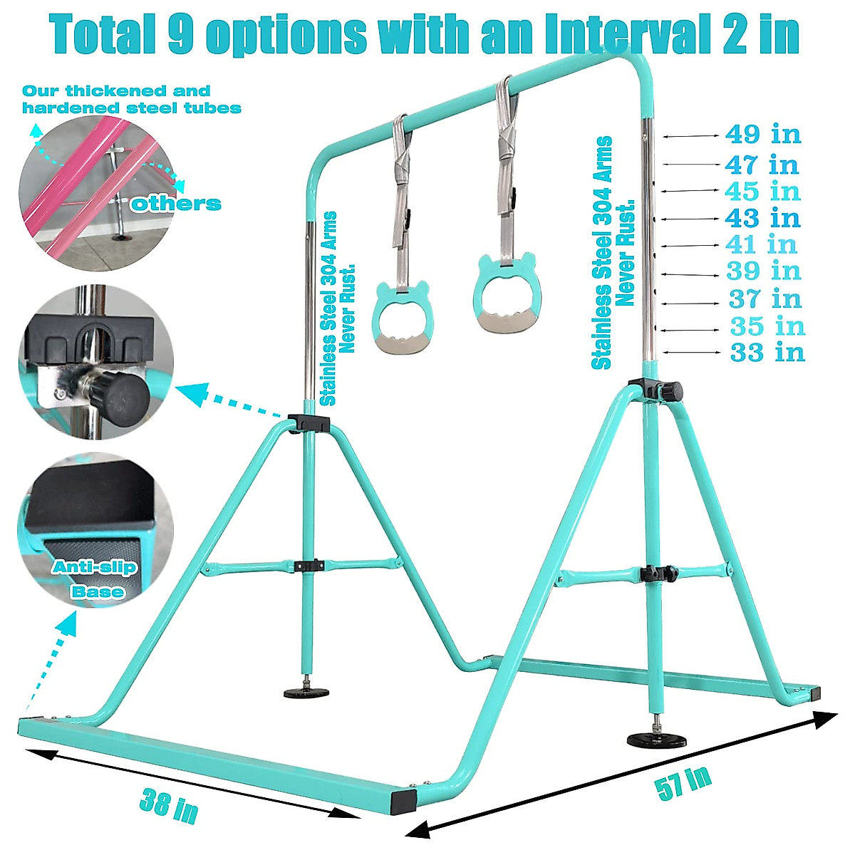PreGymnastic Updated Folding Gymnastics Bar with Rings, Foldable Kip Bar with Sturdier Base, Gymnasitc Training Bar for Kids Ages 3-10, Gymnastic Horizontal Bars, Home Gym Equipment for Boys Girls