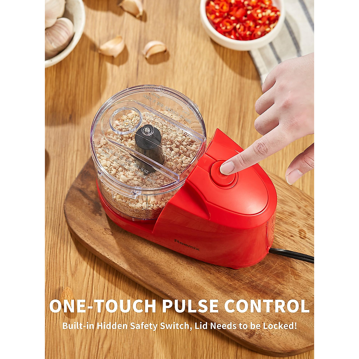 1.5-Cup One-Touch Electric Food Chopper, 100W Mini Food Processor Meat Grinder, Mix, Chop, Mince and Blend Vegetables, Fruits, Nuts, Meats, Stainless Steel Blade (Red)