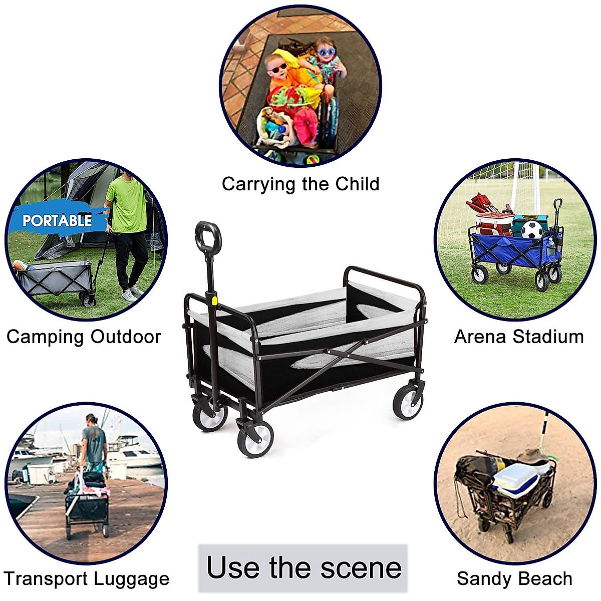 Collapsible Wagon Cart Curvy Wave in The Sand Shore of Beach in Black and White Foldable Utility Wagon Large Capacity Garden Cart with Push Bar for Beach Camp Outdoor Shopping