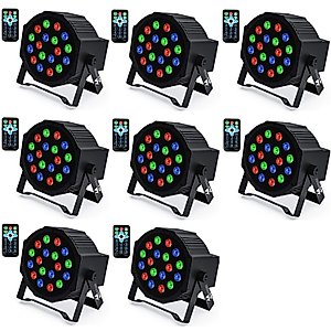 Missyee 18 RGB LED DJ Stage Uplight -DMX Control Sound Activated with Remote Control and 7 Modes LED for Wedding, Events, Christmas and Halloween Music Disco Party -R&D in USA -8 Pack