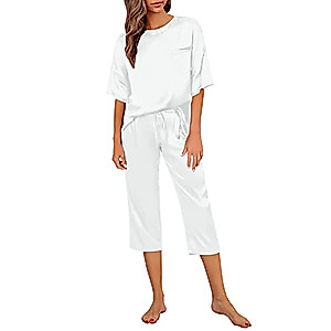 SWOMOG Womens 2 Piece Satin Pajamas Silk Short Sleeve Pjs Sets Capri Bottom Pajama Pants Soft Outfits with Pockets White