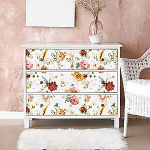 VEELIKE 17.7''x118'' Peel and Stick Wallpaper Vintage Pink/Red/Yellow Bouquet Floral Wallpaper Removable Self Adhesive Vinyl Decorative Contact Paper for Bedroom Bathroom Walls Cabinets