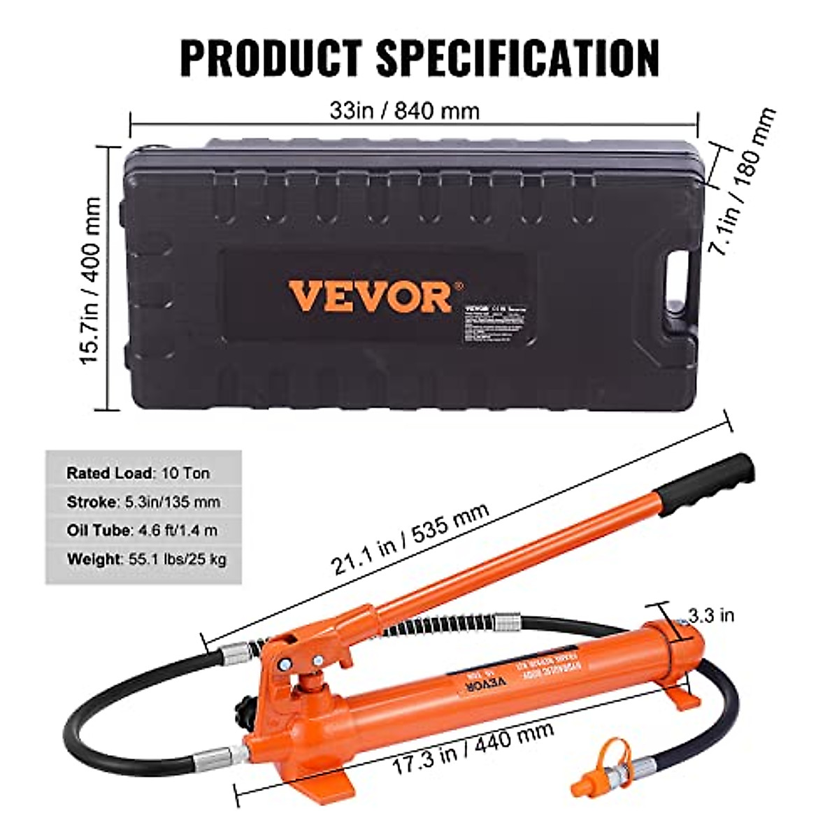 VEVOR 10 Ton Porta Power Kit, Hydraulic Ram with Pump, 4.6 ft/1.4 m Oil Hose Car Jack Ram, Auto Body Frame Repair Tool with Storage Case for Automotive, Garage, Heavy Equipment, Mechanic (22046 LBS)