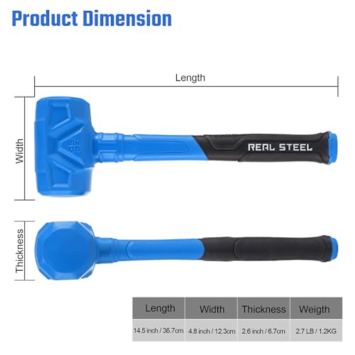 REAL STEEL Dead Blow Hammer with Carbon Steel Core Handle, Marring and Sparking Resistant Rubber Mallet, 45 Ounce (0318)