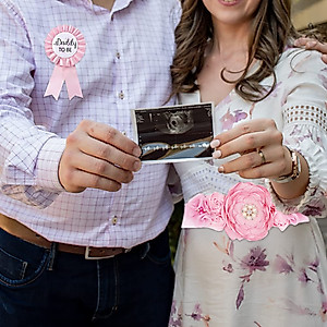 Pink Baby Shower Sash and Pin, Maternity Sash and Mommy Daddy Corsage Set Girl, Pearls Flowers Pregnant Sash Belt, Mom and Dad to be Badge Tinplate for Gender Reveal Party