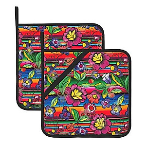 HHYII Colorful Mexican Serape Pot Holders for Kitchen,Heat Resistant Pot Holders Sets Oven Hot Pads Terry Cloth Pot Holders for Cooking Baking 2Pcs, Multicolor, One Size