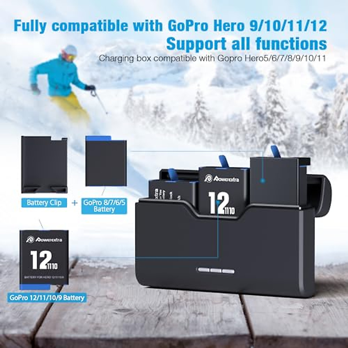 Powerextra Hero 12/11/10/9 Battery 3-Pack(2250mAh) and 3-Channel USB Storage Quick Charger for Gopro Hero 12 Gopro Hero 11 Hero 10 Hero 9 Black Compatible with Gopro Hero 9/10/11 Battery and Charger