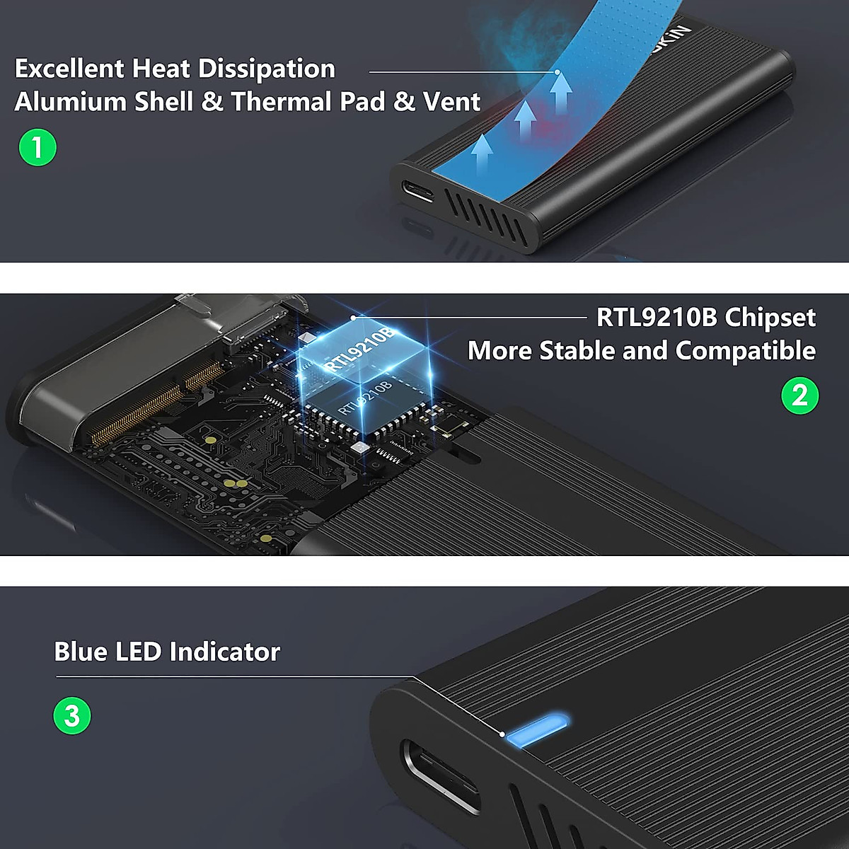 MOKiN M.2 NVMe SATA SSD Enclosure Adapter Tool-Free,USB C 3.2 Gen 2 10Gbps M.2 NVMe,6Gbps SATA PCIe M-Key(B+M Key), NVMe M.2 Enclosure Support UASP Trim for 2242/2260/2280 SSD