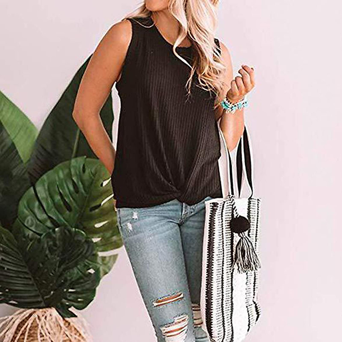 Bravetoshop Women's Tank Tops Summer Sleeveless Casual Crew Neck Solid Color Loose Fit Tee Shirts (Black,XL)