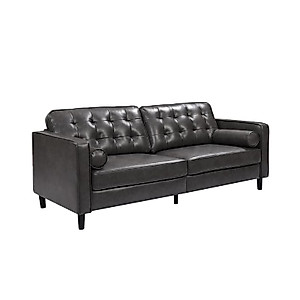 Light luxury Style Couches 85 inch Mid Century Tufted Leather Loveseat Sofa with 2 Bolster Pillows,Modern Upholstered 3 Seater Sofa w/Tufted Backrest for Living RoomBedroom,Apartment,Office(Dark grey)