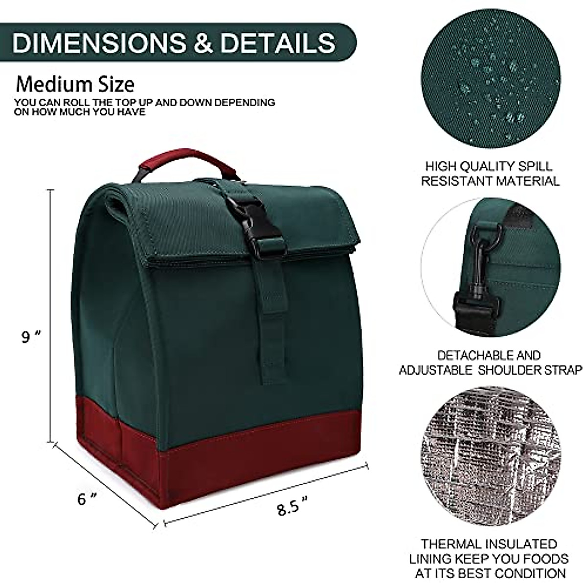 SUNNY BIRD Insulated Lunch Bag Rolltop Lunch Box Tote Lunchbox Bag for Women, Men, Adults and Teens (Green)