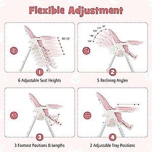HONEY JOY High Chair with Wheels, Foldable Highchair for Babies and Toddlers, 6 Adjustable Heights, 3 Recline Backrest & Footrest, Double Tray, Quick Fold Portable Highchairs for Boys Girls(Pink)