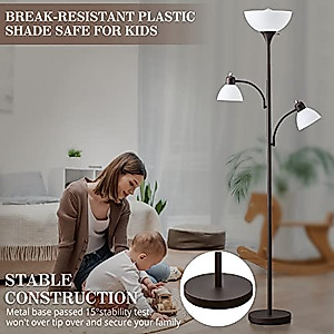 Luvkczc Torchiere Floor Lamps for Living Room with 2 Reading Lamps, Modern Tall Standing Lamps, Industrial Bright Floor Lamp for Bedroom, Office, Dresser, 3 LED Bulbs Included