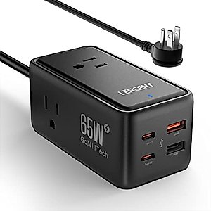 USB C Charger LENCENT GaN III 65W USB C Charging Station,Multi outlet extender，Fast Charging USB & Type C, extension 5.0 ft cord【3 AC Outlets+2 USB C(PD 65W Max) + 2 USB】for Home,Office,Travel(Black)