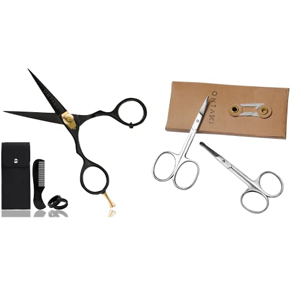 ONTAKI 3 Scissors pack - 1 Japanese Steel Beard & Mustache Scissors With Comb - 2 Facial Grooming Nose Hair Scissors - 1 Curved Blade Tip & 1 Safety Blunt Rounded Tip