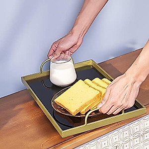 eodme Black Serving Trays Set of 2, Rectangle Glass Ottoman Tray with Metal Handle, Decorative Tray for Living Room Coffee Table 19.7''&15.7''