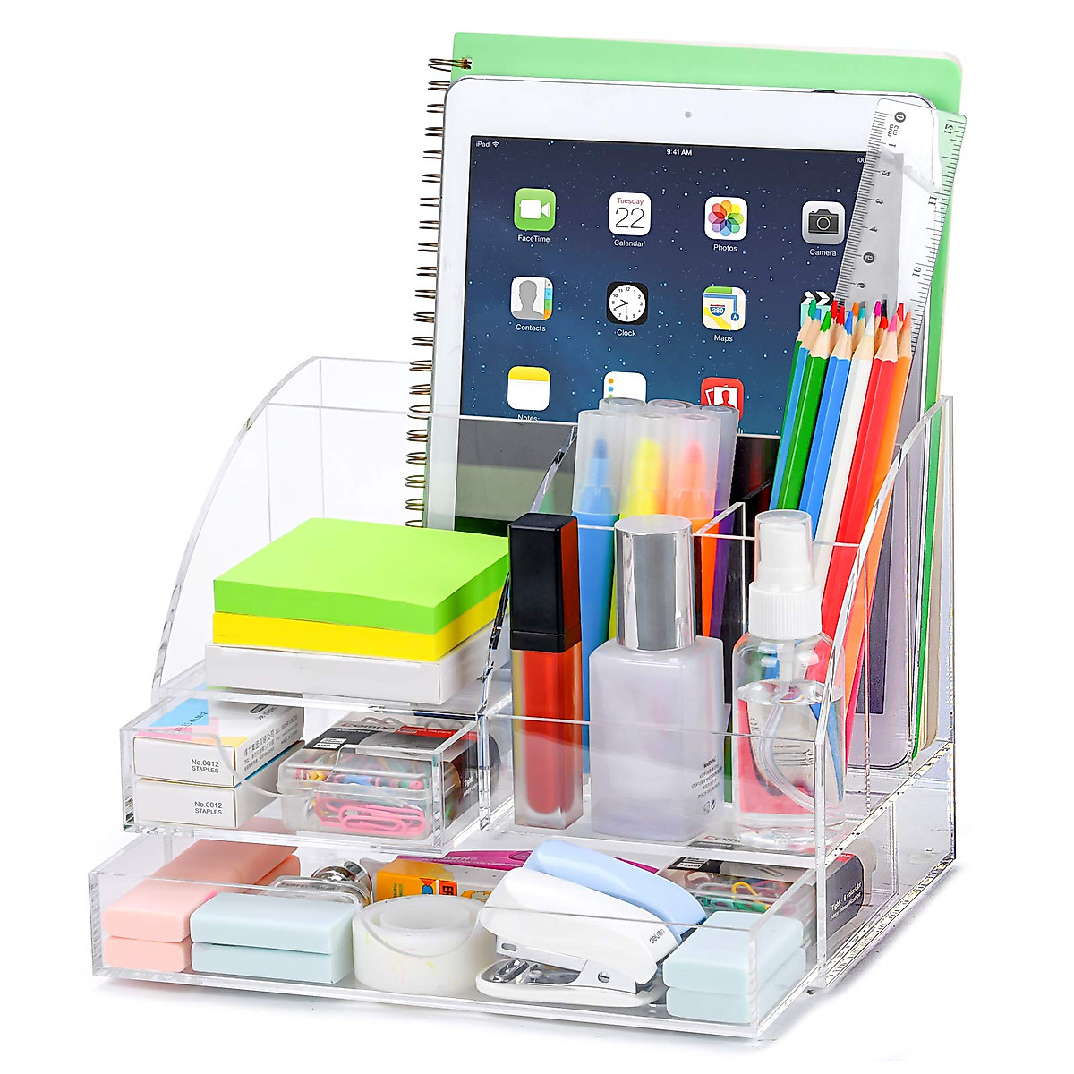 Acrylic Office Desk Supplies and Accessories,clear Desk stationary organizer with Drawers, Pen and Pencil Holder,Desktop Organization