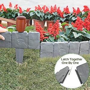 20 pcs Stone Effect Plastic Palisade Fence, Garden Border Edging Gray Stones Effect Fence in Lawn Edging Plant Border Garden Landscape Edging (Black)