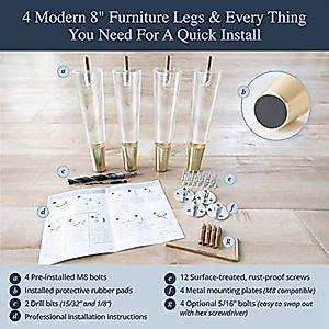 Acrylic Furniture Legs With Gold Caps - Mid Century Legs For Couch, Sofa, Chair, Table, Dresser, Bed, Cabinet - Furniture Feet Are Easy To Install & Include Installation Hardware - Set of 4, 8 Inches