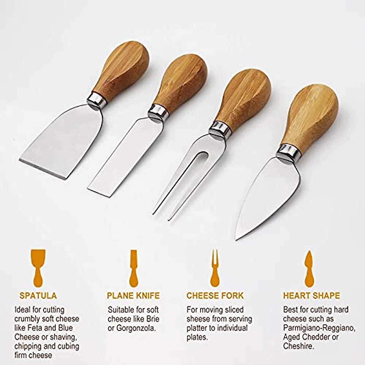 Bamboo Cheese Board Set, Cheese Tray, Charcuterie Board and Serving Meat Platter with 4 Stainless Steel Cheese Knives, Ideal for Wedding Gifts Christmas Birthday Party (14''x11'')