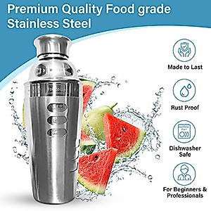 Stainless Steel Cocktail Shaker Set | 3-Piece | Anti-Smudge Martini Drink Mixer Bar Set with Mixing Spoon, 24 Oz Cocktail Drink Shaker with Jigger for Bartending | Solid Bartender Kit | Leak Proof