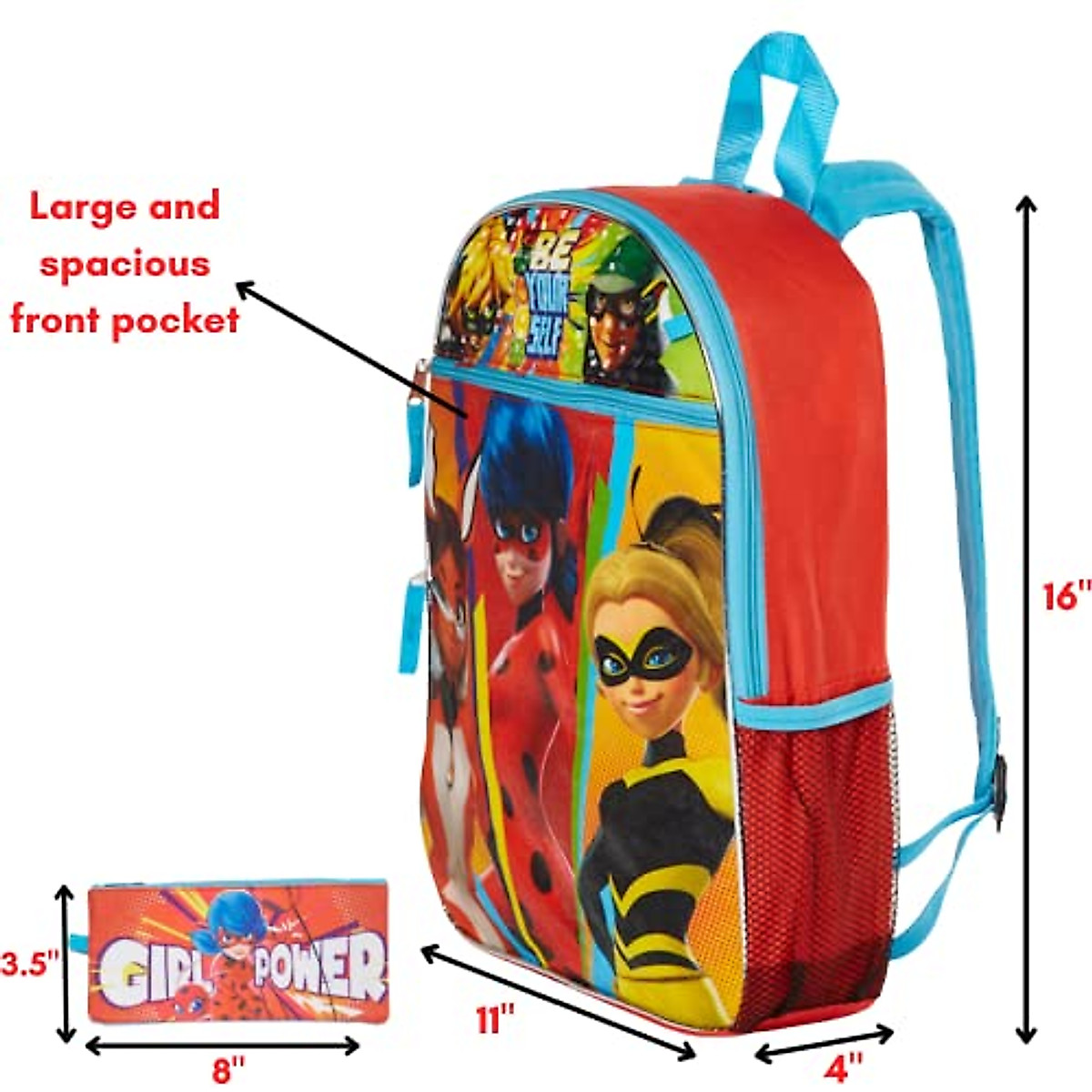 5 Pc. Miraculous Ladybug Girl Power “Be Yourself” Backpack Set for Girls, 16 inch with Miraculous Lunch Bag & Pencil Case