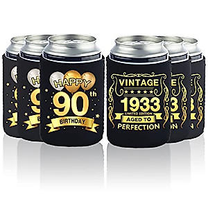 Greatingreat 90th Birthday Can Cooler Sleeves Pack of 12-90th Anniversary Decorations- Vintage 1933-90th Birthday Party Supplies - Black and Gold Ninety Birthday Cup Coolers