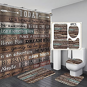 4 Pcs Inspirational Quotes Shower Curtain Set with Non-Slip Rugs, Toilet Lid Cover and Bath Mat, Motivational Words Rustic Wooden Cabin Shower Curtain Bathroom Waterproof Polyester Fabric, 72" x 72"