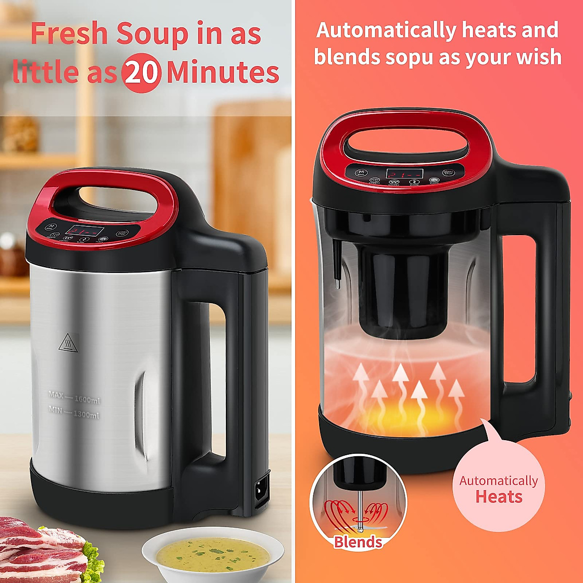 Potlimepan Soup Maker 1.6 L, 6 in 1 Multi-Funcation Soup and Smoothie Maker with Smart Control Panel, Stainless Steel Hot Soup Maker Electric, Makes 2-5 Servings Smart Living for Home Use Red