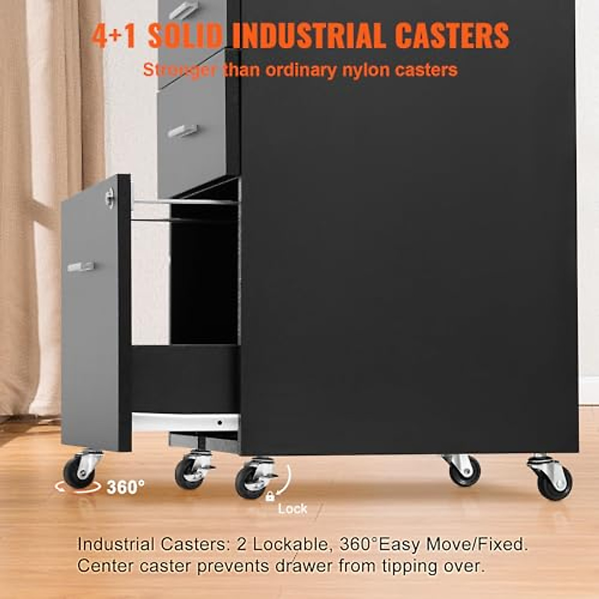 VEVOR File Cabinet, 3-Drawer Wood Filing Cabinet, Locking Office Cabinet for Letter/A4 Size, File Cabinet with 5 Wheels for Home Office, Black