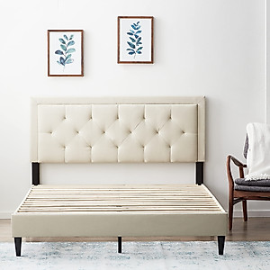 LUCID Upholstered Platform Bed Frame with Headboard– No Box Spring Needed – Queen Size – Pearl