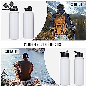 VQRRCKI 40 oz Insulated Water Bottle with Straw, Stainless Steel Sports Water Bottles with 2 Lids (Straw and Wide Mouth lid), Double Wall Vacuum, Leakproof, BPA-Free, White