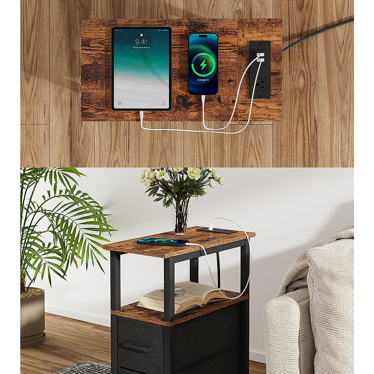 VIMBER Narrow Side Table for Small Spaces, Skinny End Table with Charging Station, Sofa Beside Table with 2 Drawers 1 Open Compartment, Slim Nightstand with USB Ports Outlet, Rustic and Brown UTBT004F