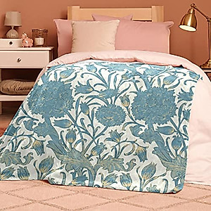 Plush Blanket Throw Blanket Warm Cozy Soft Microfiber Blankets, Vintage Blue Green Flower Plant