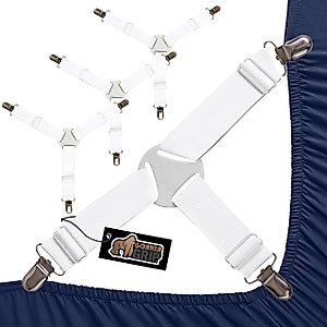 GORILLA GRIP Patent Pending Bed Sheet Straps, Adjustable Elastic Fasteners with Metal Clips, Keep in Place Fitted Bedding Holder, Easy Install Suspenders Mattress, Firm Tight Accessories, 4 Pack White