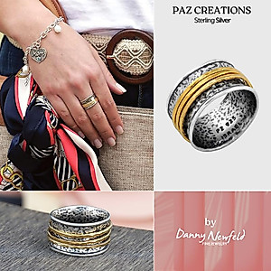 Paz Creations 925 Sterling Silver Spinner Rings for Women and Men - Statement Ring - Artisan Jewelry Fidget Rings, Boho Rotating Rings, Handcrafted Meditation Ring, 14K Yellow Gold, Size 9