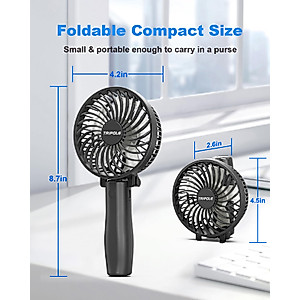 TriPole Handheld Fan Portable Mini Fan, 3 Speeds Foldable Small Personal Fan, Rechargeable USB Desk Fan, Powerful Hand Held Fan Battery Operated for Travel Outdoor Makeup Gifts, Black, 4.2” Fan Cover