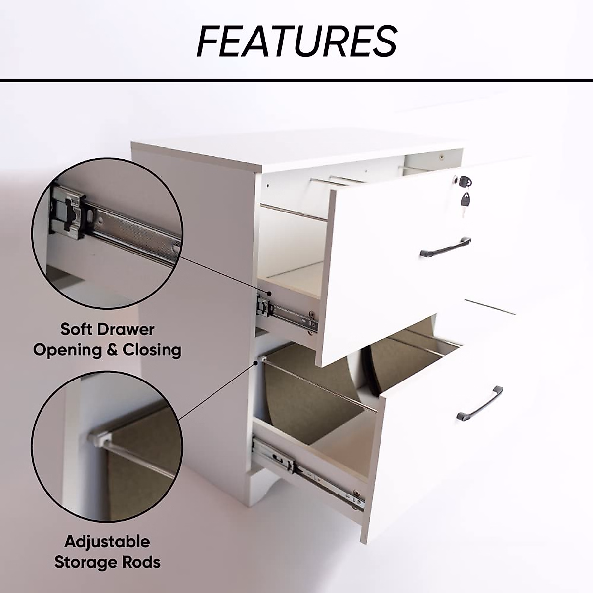 JRA products File Cabinet with Lock | 2 Drawers Wooden Lateral Storage Filing Cabinet with Anti-Tilt Mechanism with 8 Hanging Bars for Letter, Legal, F4 and A4 Size Files for Home Office White