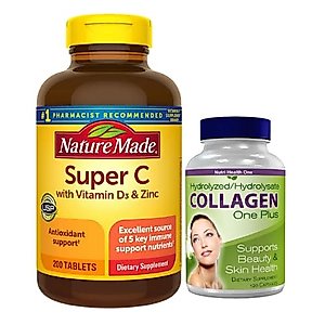 Natur Mad® Super C with Vitamin D3 and Zinc, Dietary Supplement for Immune Support, 200 Tablets, 200 Day Supply + Bonus: (1) Collagen One Plus for Beauty and Skin Health, 30 Capsules