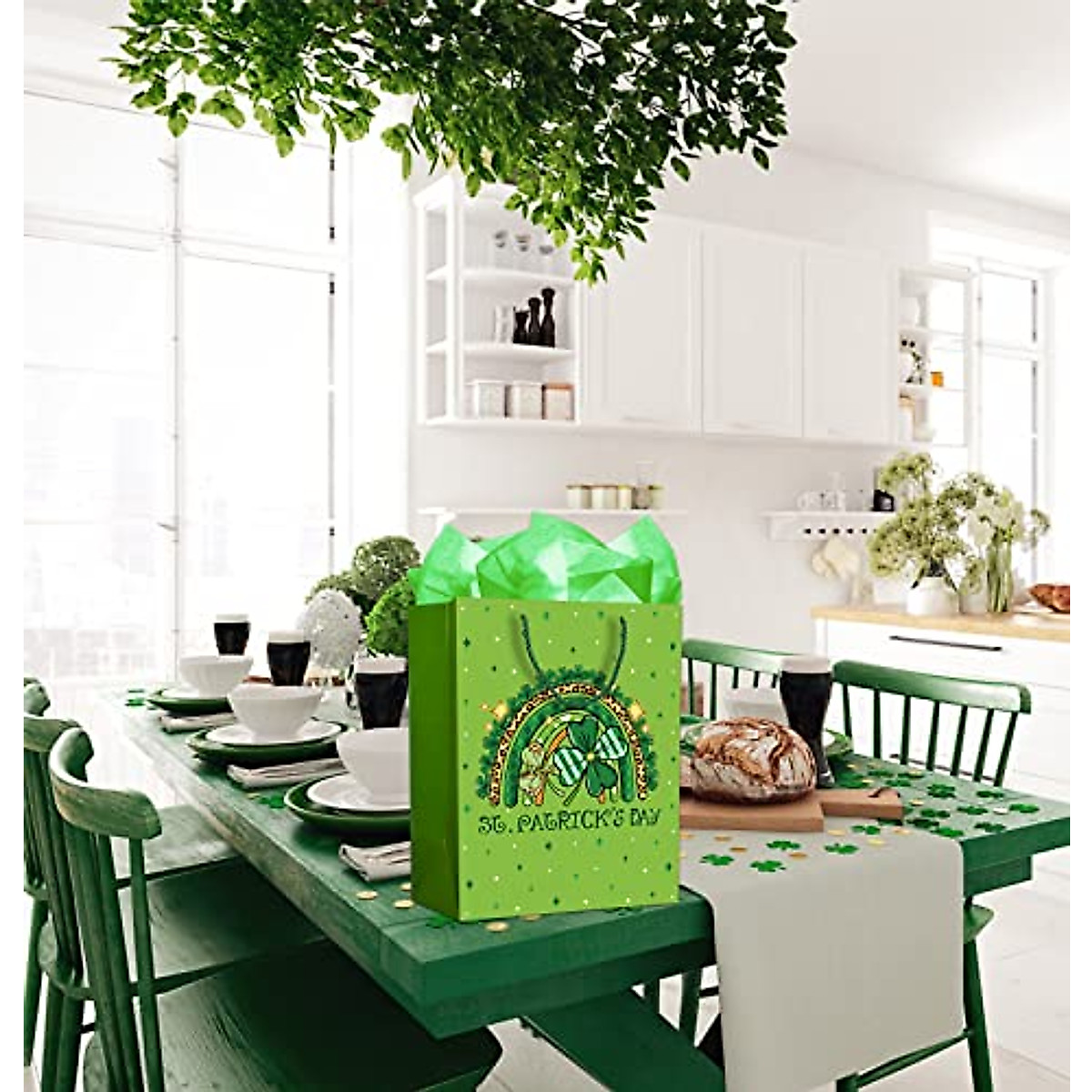 WaaHome St. Patricks Day Gift Bag with Handle 11.5''x9''x5'' Green Shamrock Clover Gift Bags with Tissue Paper, Happy St. Patrick's Day Wrapping Paper Gift Bag for Kids Family Friends