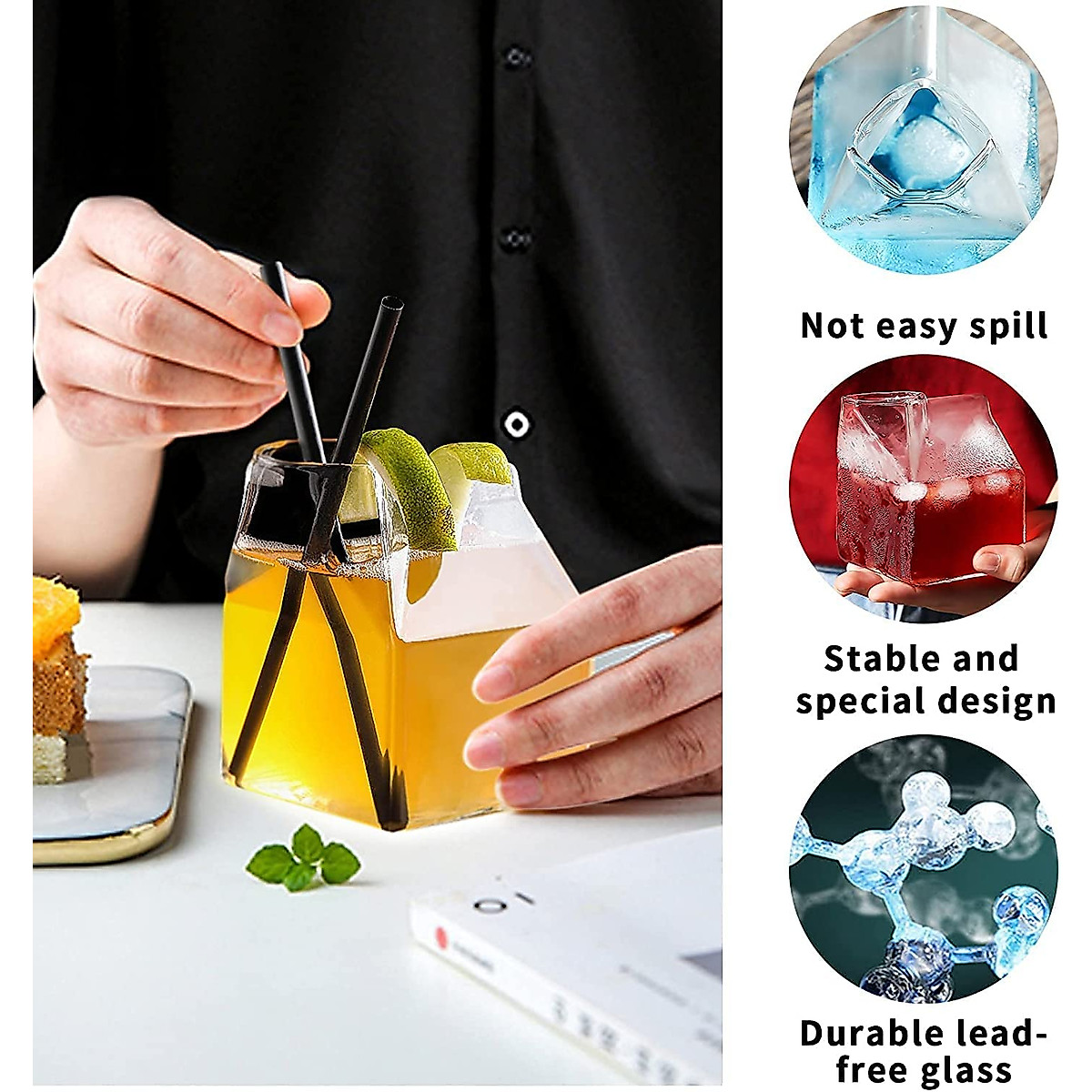 Cocktail Glasses 12oz/360ml Set of 2 Glass Milk Carton Box Creamers Lead-Free Martini Glass Mixing Cups Mini House-shaped Square Container Pitcher for Cocktails Milk Coffee Juice Whiskey Gift