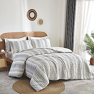 MOVE OVER Gray Jacquard Comforter Set Boho Comforter Set Queen 300TC 100% Yarn Dyed Cotton Bohemian Paisley Flower Design Boho Textured Stripes Jacquard Tufted Comforter Set