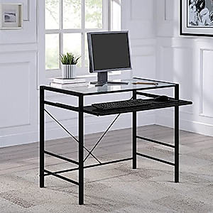 OSP Home Furnishings Zephyr Computer Desk with Keyboard Shelf and Tempered Glass Top, Clear Glass and Black Frame, 36" W x 20" D x 30.25" H