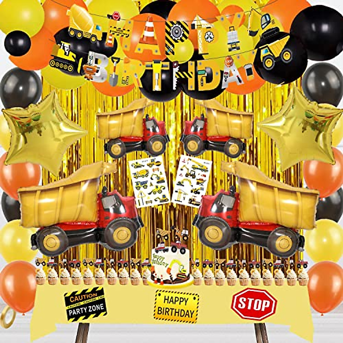Construction Theme Birthday Party Decorations Kit Dumb Truck Excavator Crane Banner Foil Curtain Tablecloth Balloons for Boys 1st 2nd 3rd 4th 5th Birthday Party, Baby Shower Supplies.