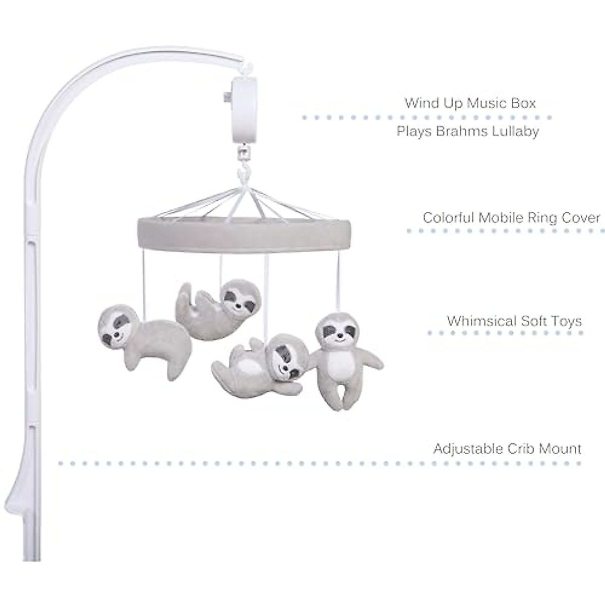 Sammy & Lou Sloths Baby Crib Mobile with Music, Crib Mobile Arm Fits Standard Crib Rail