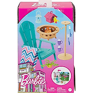 Barbie Furniture and Accessories, Doll House Decor Set with Backyard Patio, Bonfire, Birdfeeder and Birdhouse