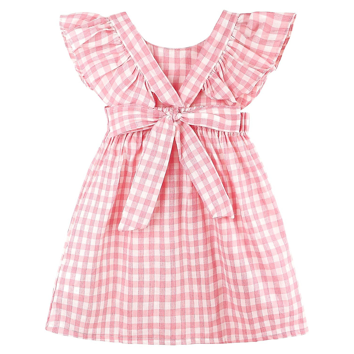 AGQT Baby Girls Plaid Dress Gingham Fly Sleeve Backless Summer Dresses Spring Smocked Birthday Easter Dresses Pink Size 12-18 Months